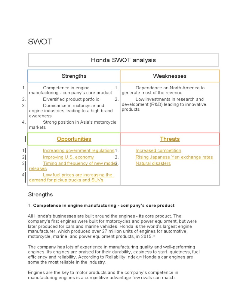 Honda SWOT Analysis | PDF | Honda | Sport Utility Vehicle