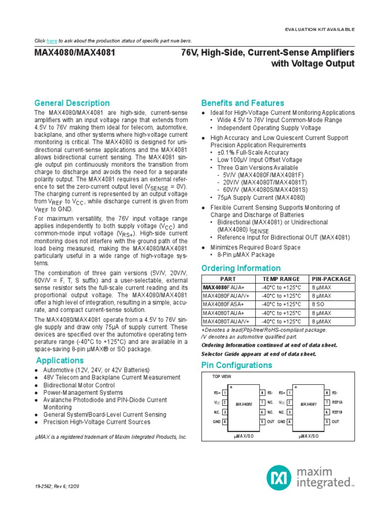 MAX4080/MAX4081 76V, High-Side, Current-Sense Amplifiers With Voltage ...