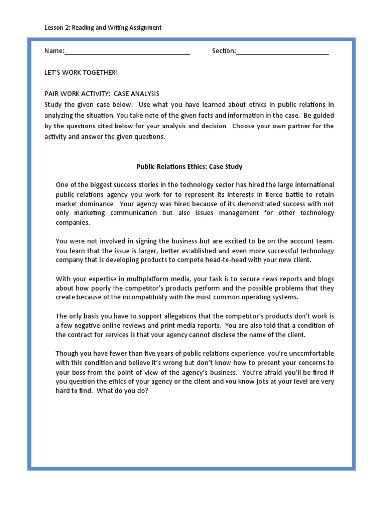 Lesson 2: Reading and Writing Assignment: Public Relations Ethics: Case ...