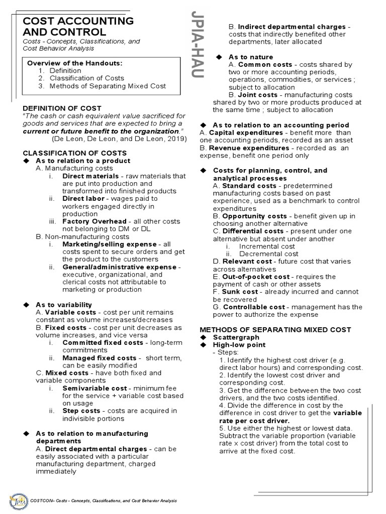 COSTCON - Cost - Concepts, Classifications, and Cost Behavior Analysis | PDF | Cost | Expense