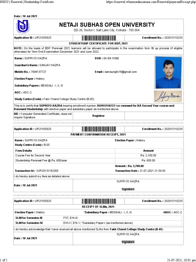 NSOU Renewal Studentship Certificate | PDF