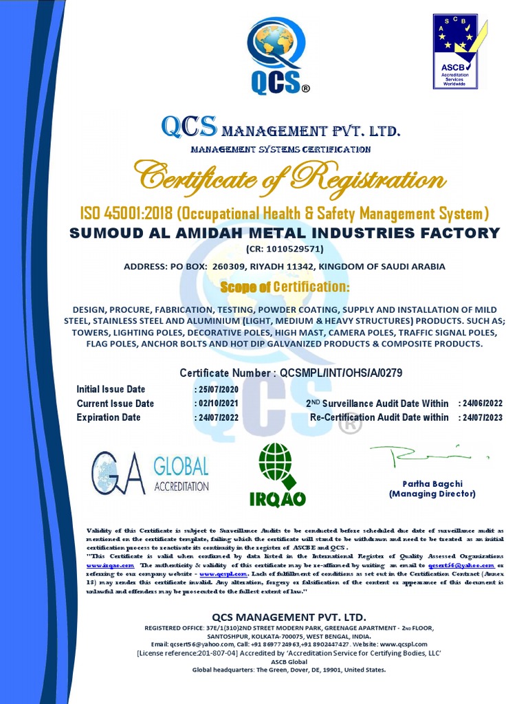 Certificate of Registration - Ohsms - Sa - 01 | PDF