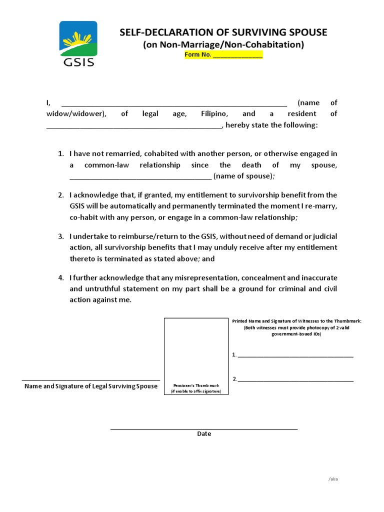 Self Declaration of Surviving Spouse | PDF | Common Law | Living ...