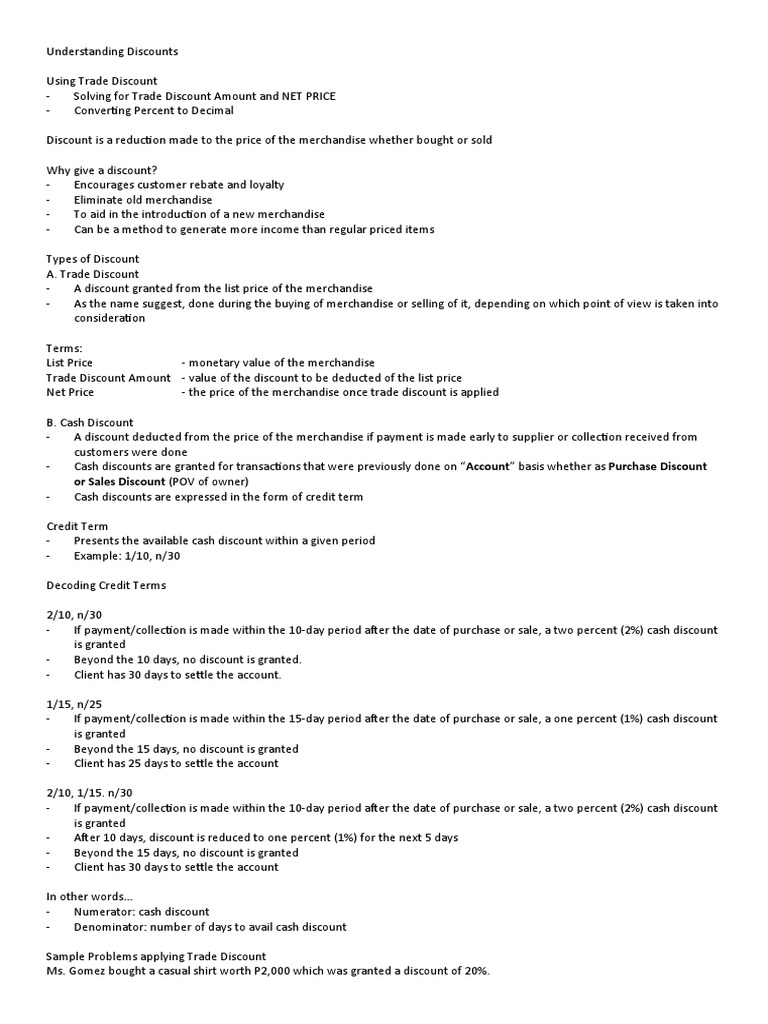 Trade and Cash Discounts Explained | PDF | Discounts And Allowances ...