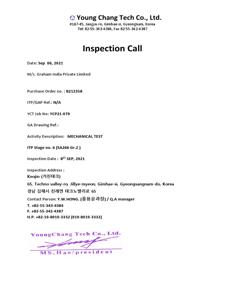 #1. Inspection Call - Stage 6 Mechanical Test Po.B212358 | PDF