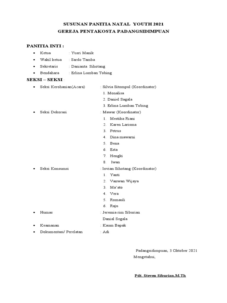 Susunan Panitia Natal Youth 2021 | PDF