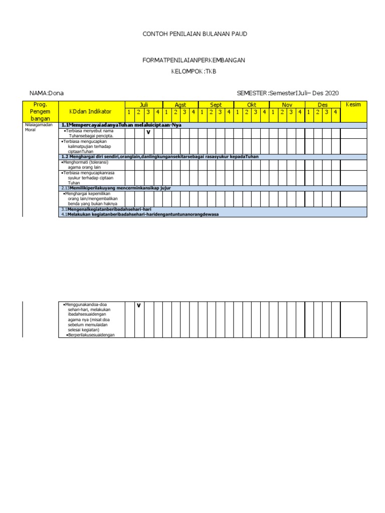 5 Contoh Penilaian Bulanan Paud-1 | PDF