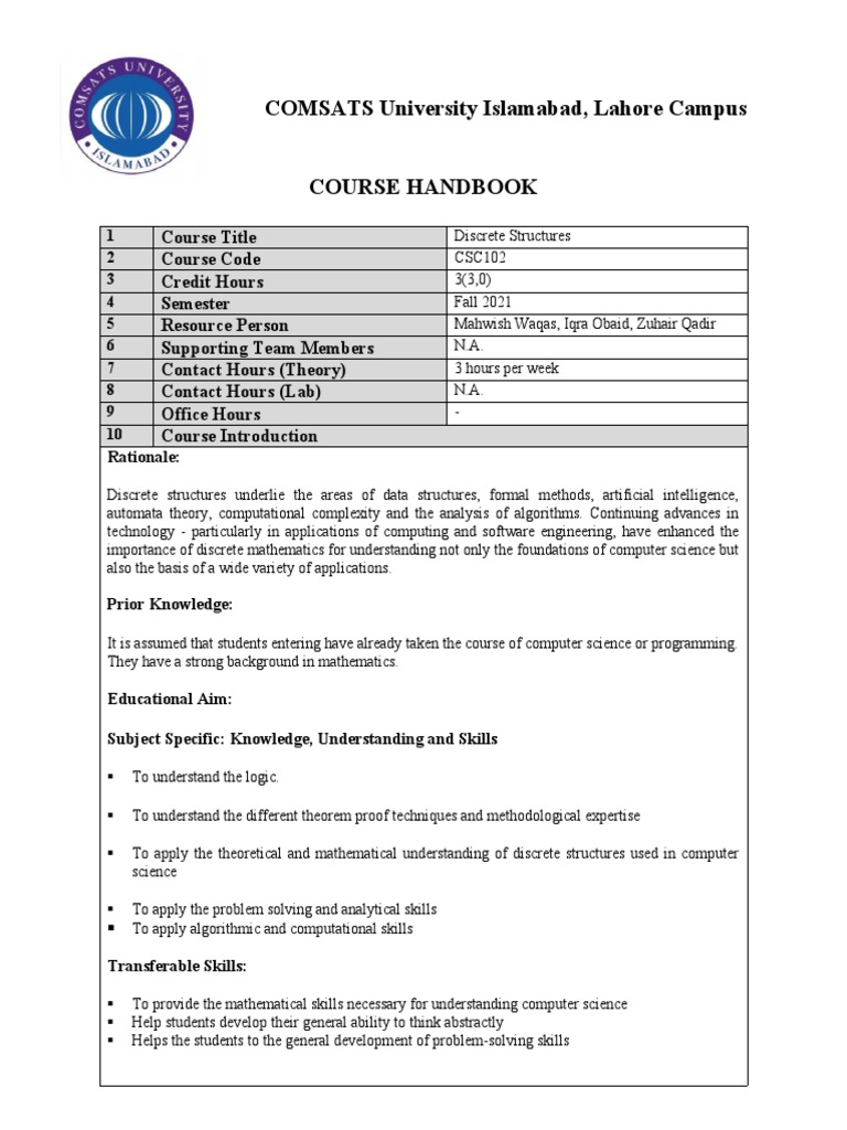 Discrete Structures Course Guide | PDF | Set (Mathematics) | Function ...