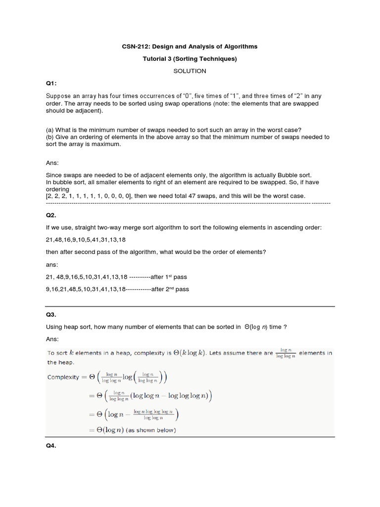 Csn 212 Design And Analysis Of Algorithms Tutorial 3 Sorting Techniques Pdf Teaching