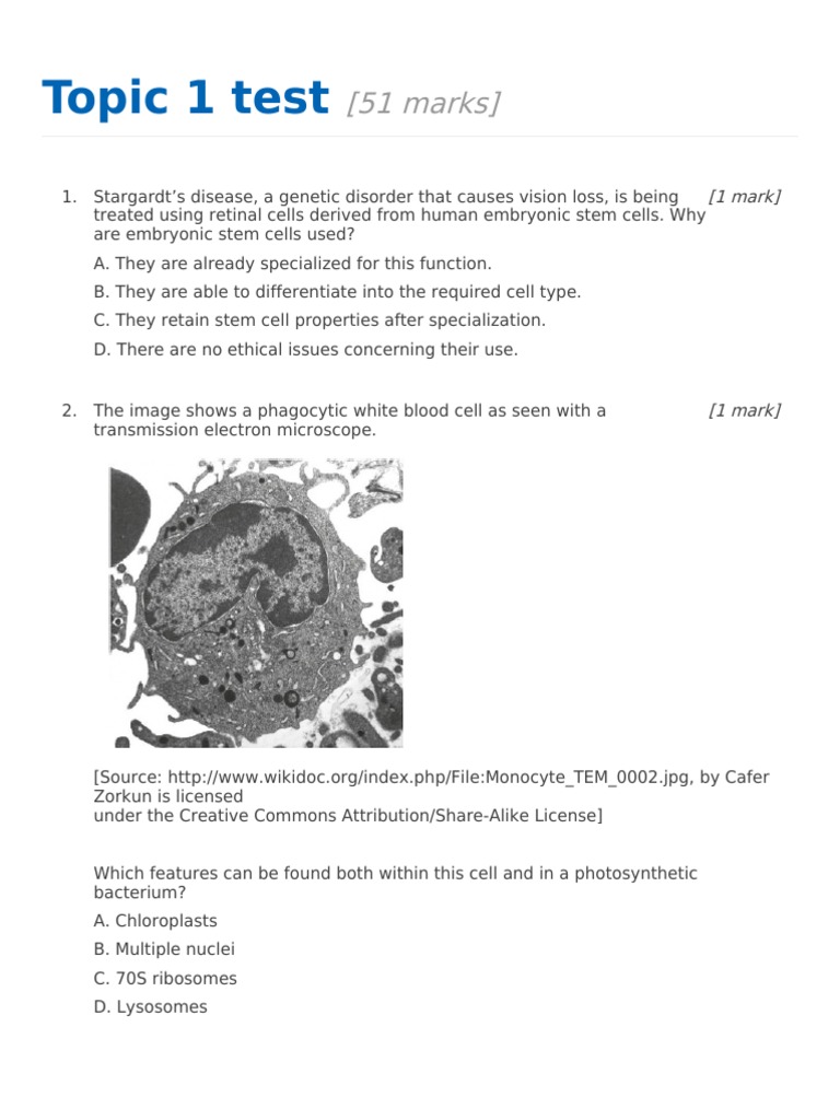 Topic 1 Test | PDF | Cell (Biology) | Cell Membrane