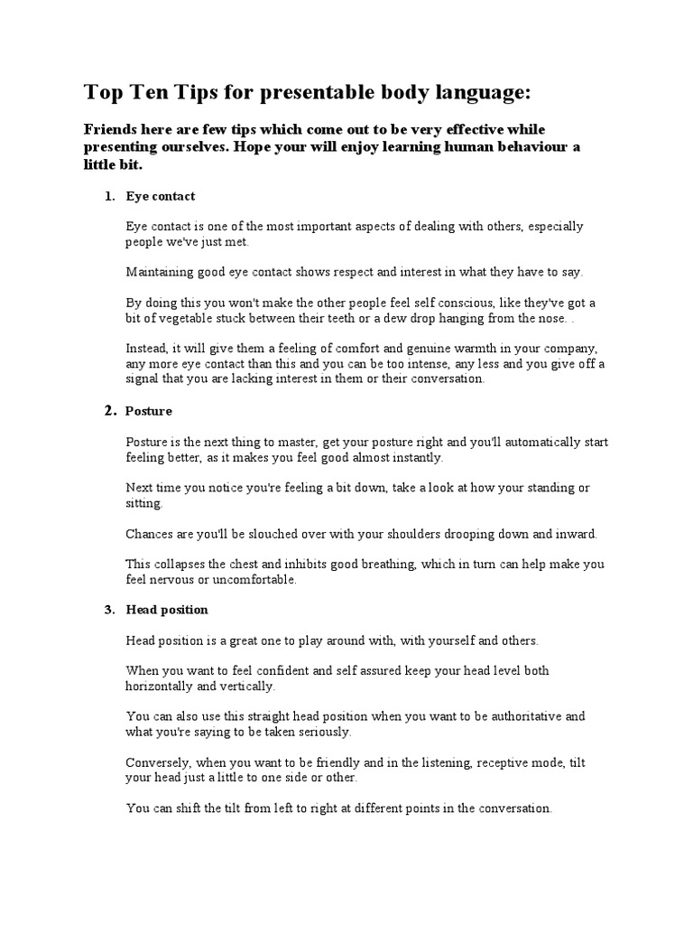 Top Ten Tips For Presentable Body Language | PDF | Body Language | Psychological Concepts