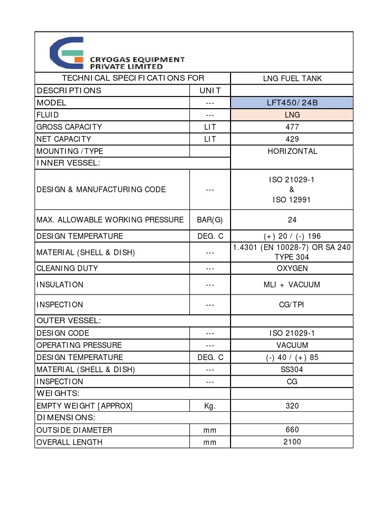 LNG Fuel Tank Specifications | PDF