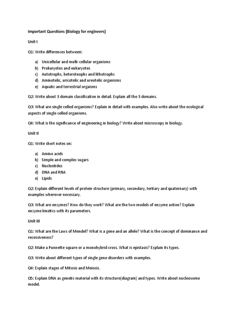 Important Questions Biology For Engineers | PDF