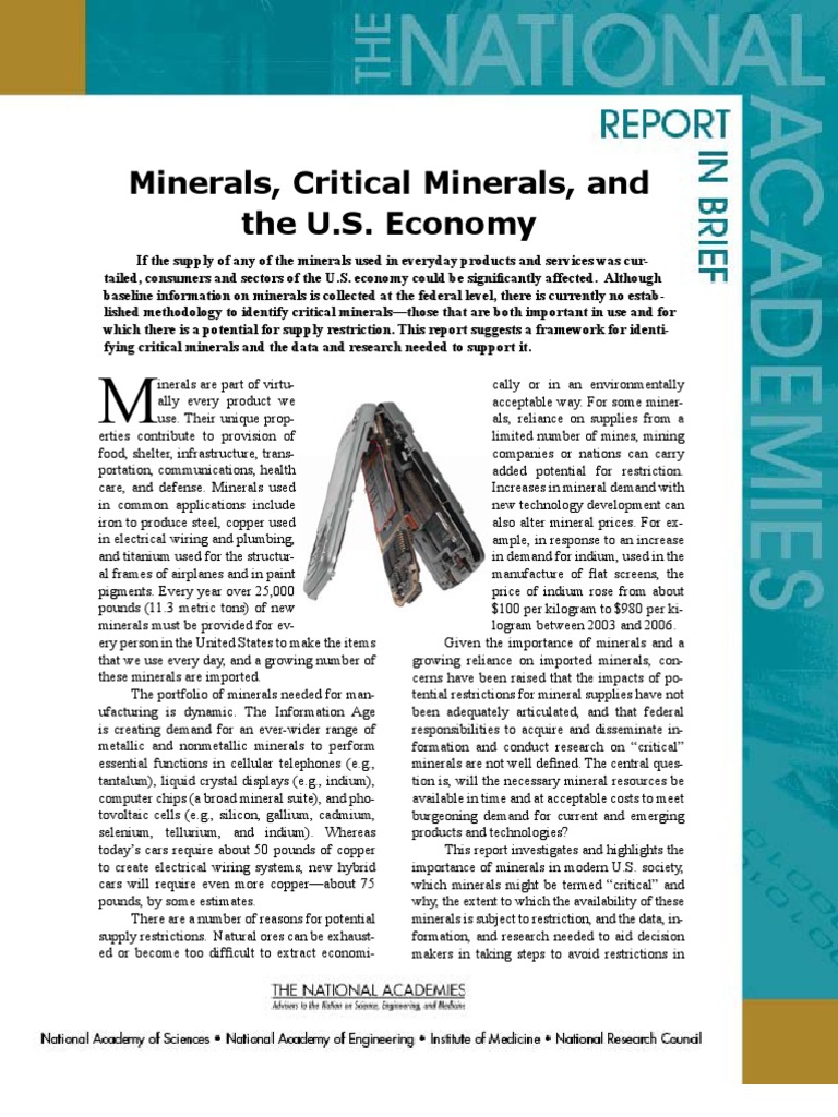 Minerals, Critical Minerals, and the US Economy, Report In Brief ...