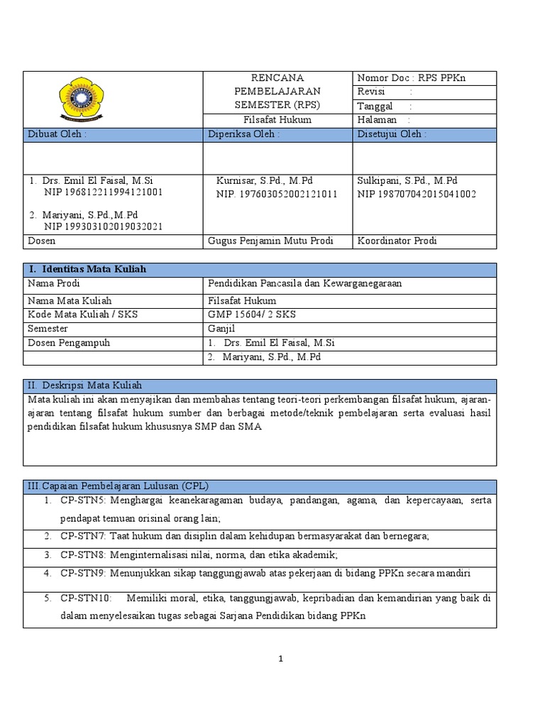RPS Filsafat Hukum PPKn | PDF