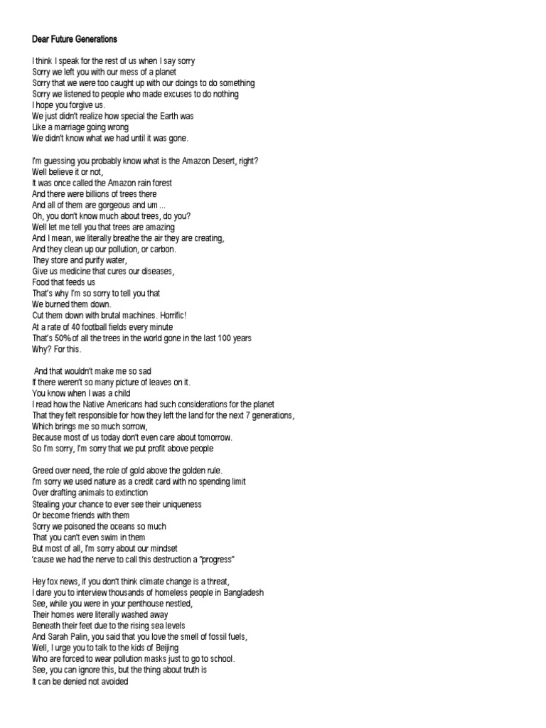 Dear Future Generations | PDF | Nature | Natural Environment