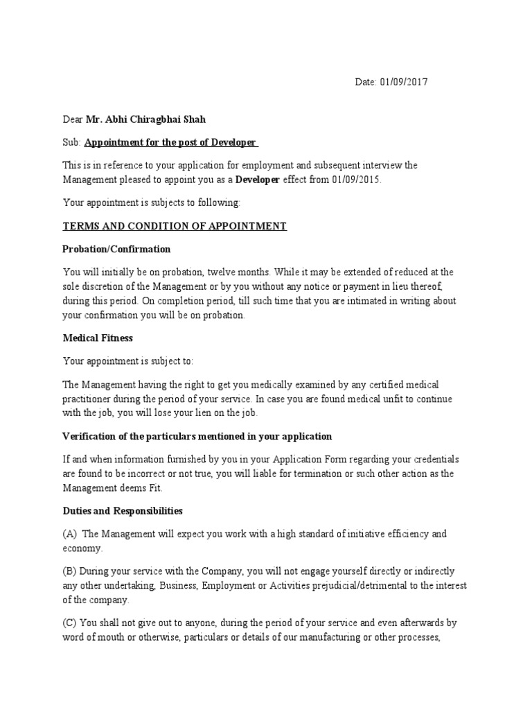 Terms and Condition of Appointment Probation/Confirmation | PDF ...