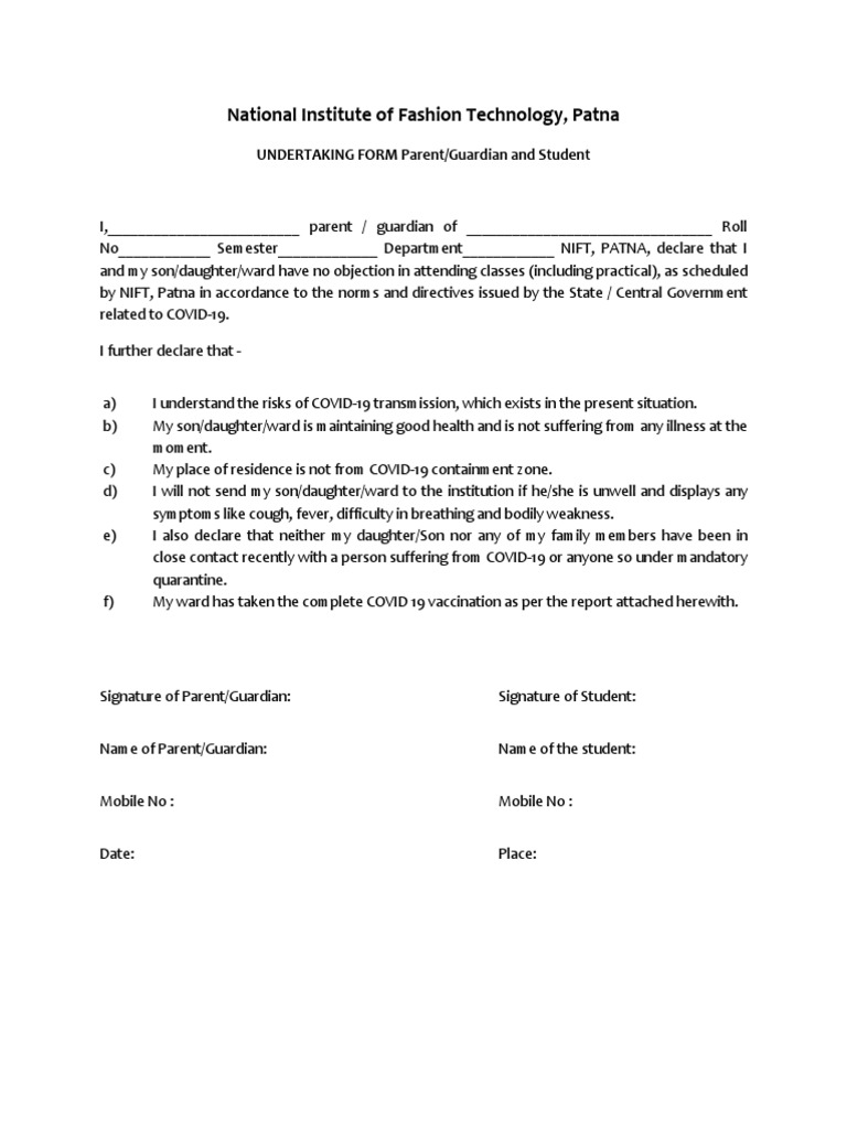 National Institute of Fashion Technology, Patna: UNDERTAKING FORM ...
