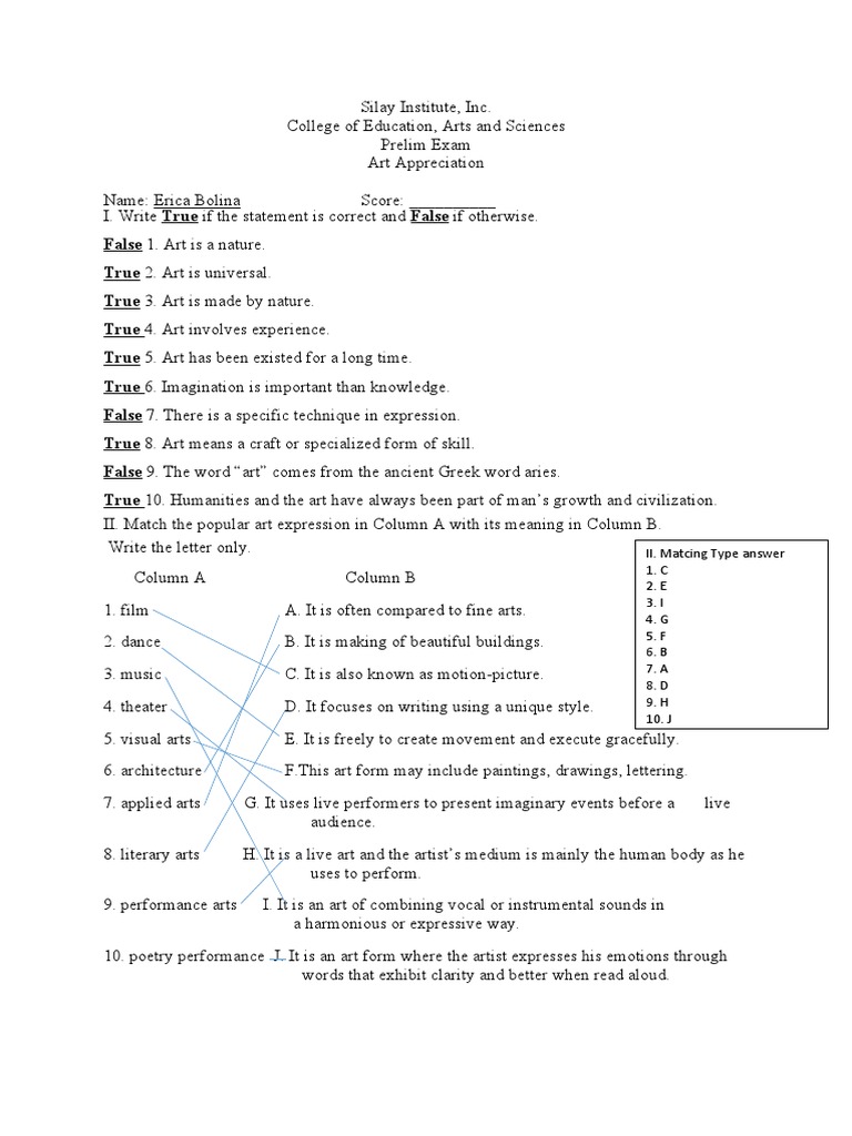 Art Appreciation Prelim Exam Answers | PDF | Fine Art | The Arts
