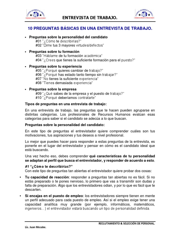 10 Preguntas Básicas en Una Entrevista de Trabajo | PDF | Entrevista de ...