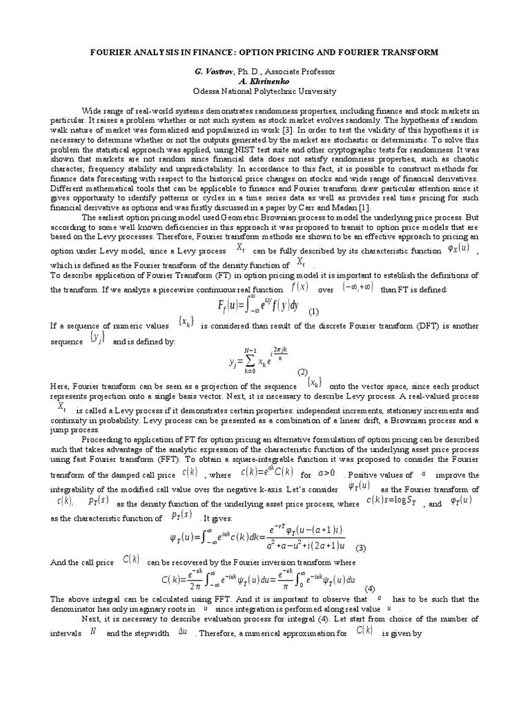 Fourier Analysis in Finance: Option Pricing and Fourier Transform | PDF ... Fourier Analysis in Finance: Option Pricing and Fourier Transform | PDF ...