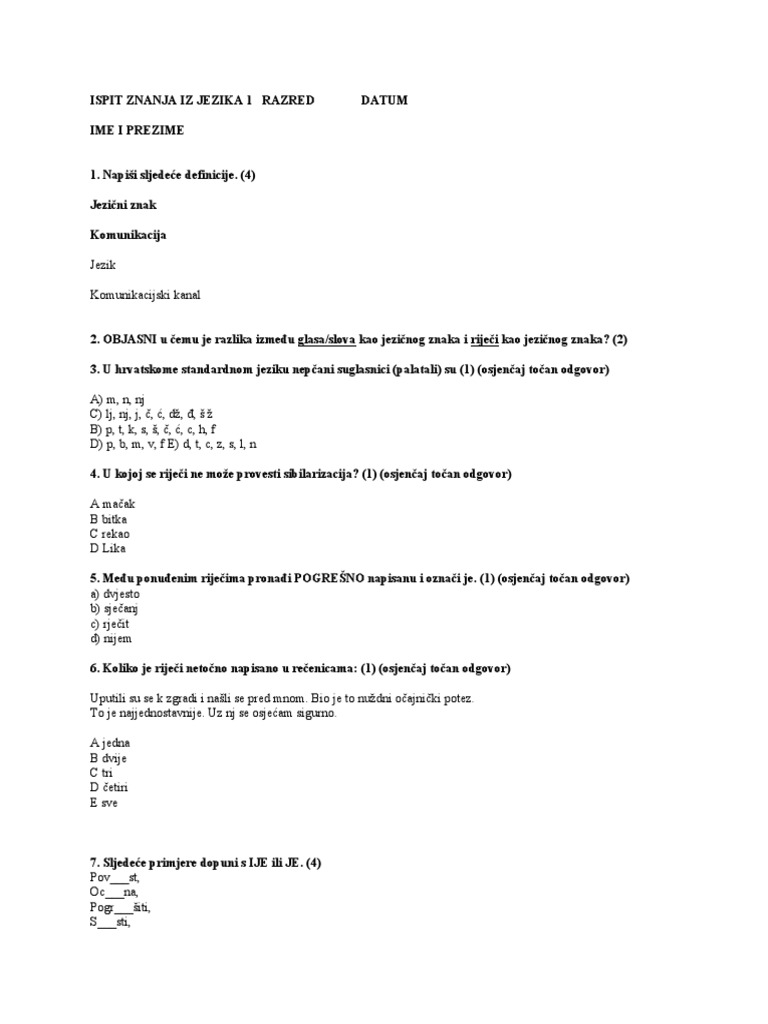 Ispit Znanja - Hrvatski Jezik I Komunikacija 1A | PDF