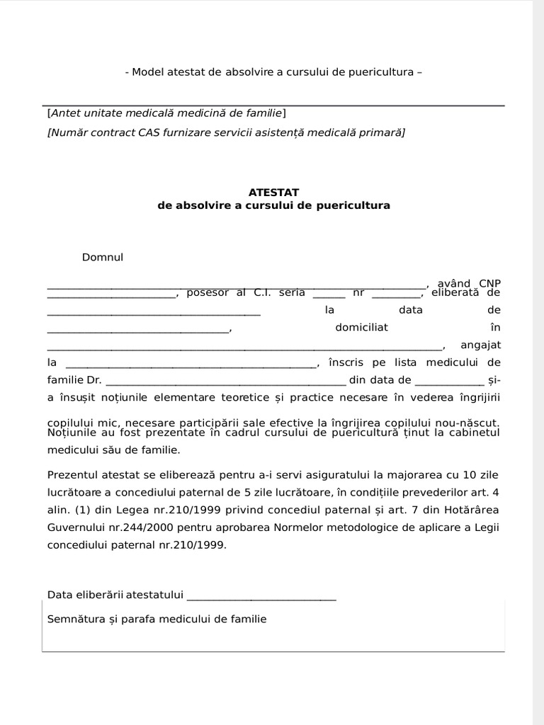 Model Atestat Curs Puericultura Pentru Concediu Paternal | PDF