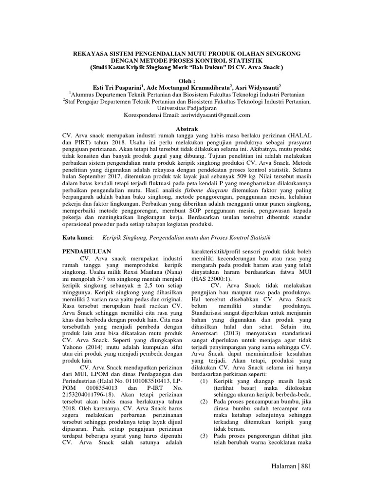 REKAYASA SISTEM PENGENDALIAN MUTU KERIPIK SINGKONG DENGAN PENDEKATAN ...