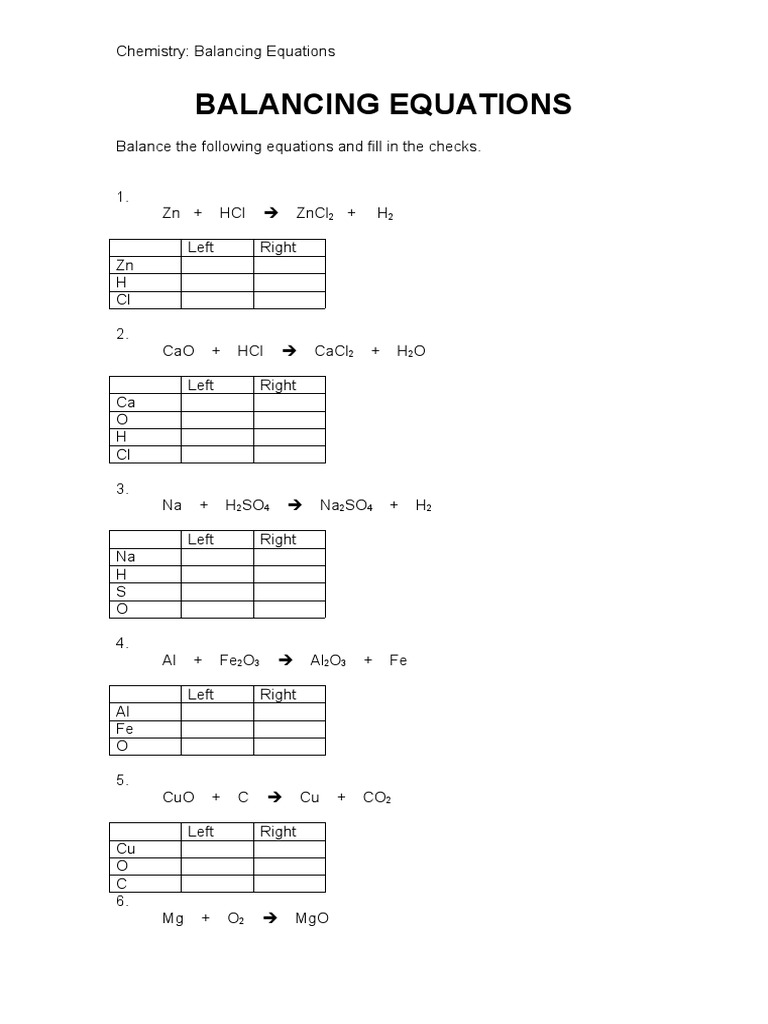 Balancing Equations Worksheet - New | PDF