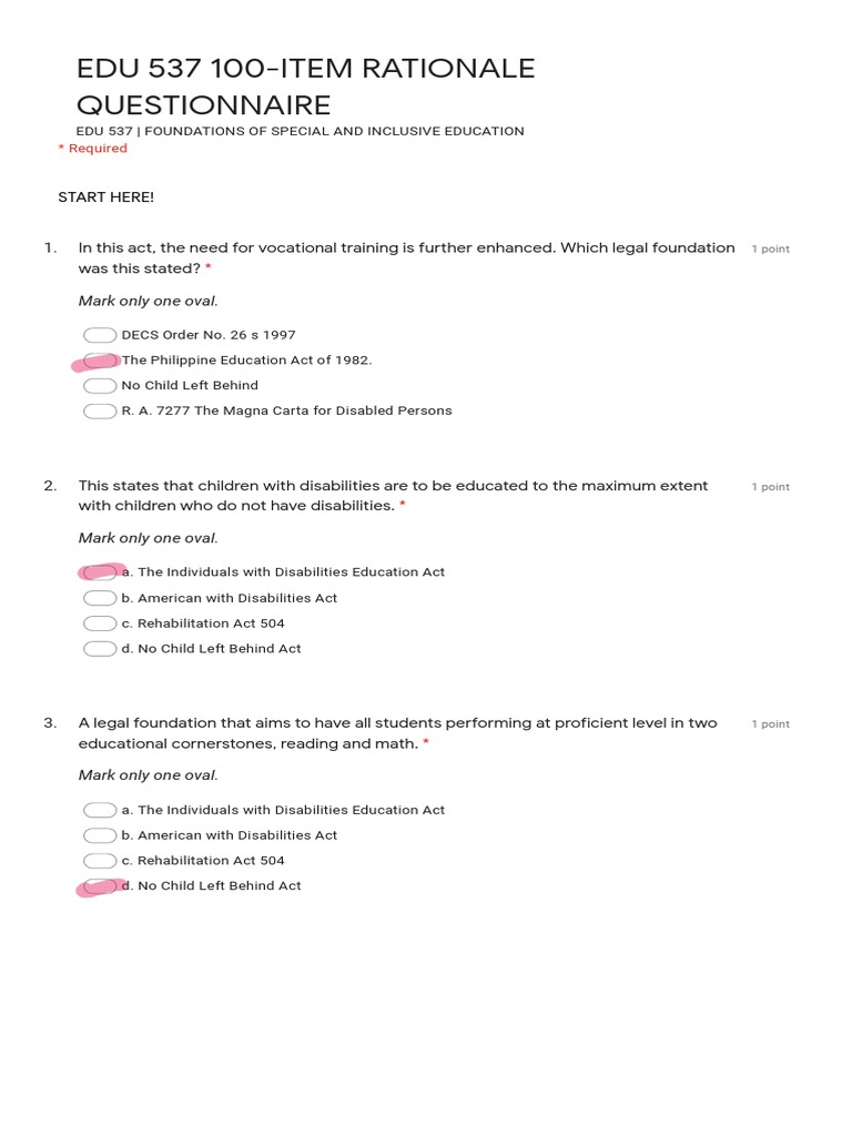 Edu 537 100 Item Rationale Questionnaire With Key | PDF | Hearing Loss ...