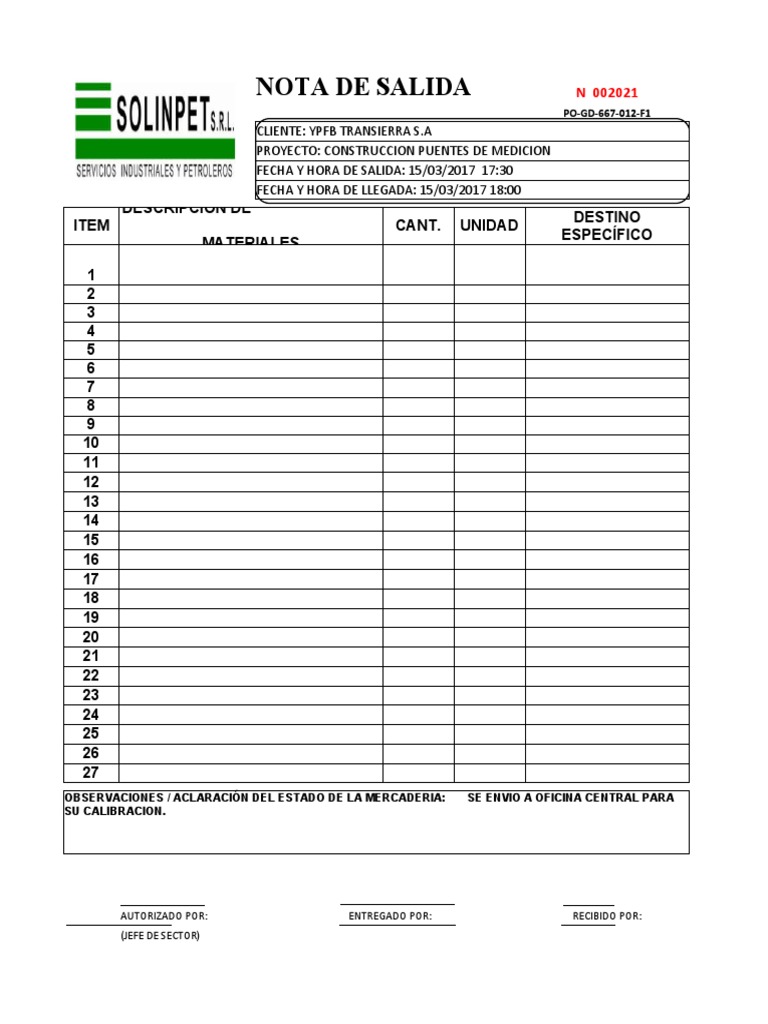 Nota de Salida YPFB Transierra S.A. | PDF