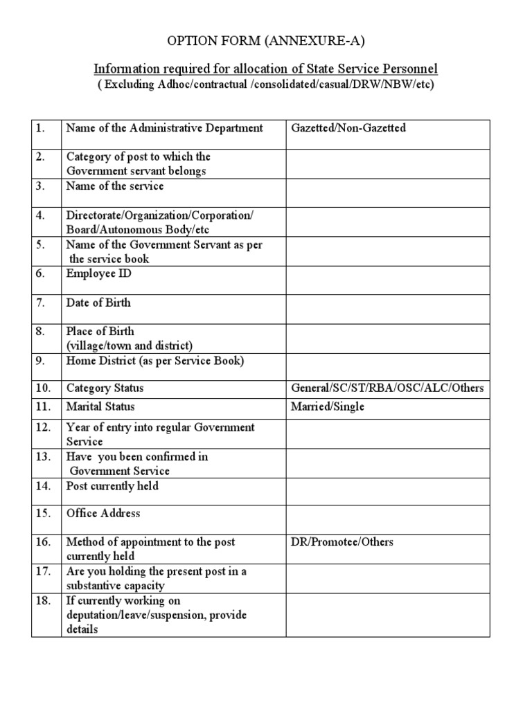 Option Form (Annexure-A) Information Required For Allocation of State ...