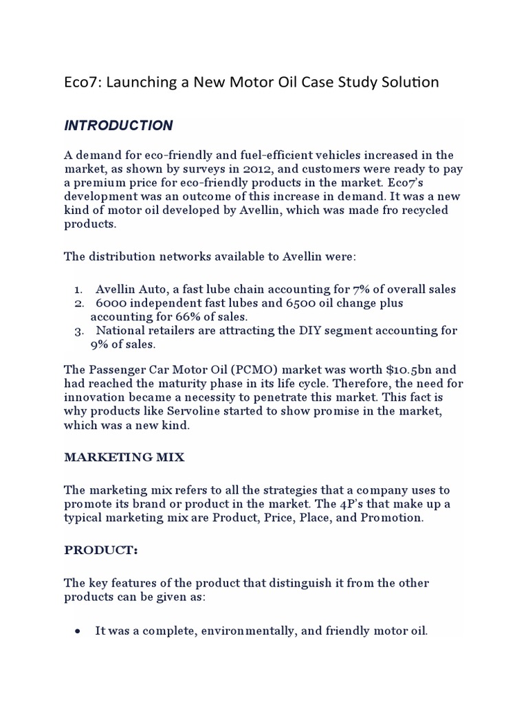 Eco7: Launching A New Motor Oil Case Study Solution: Marketing Mix ...