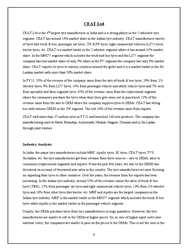 Ceat LTD: Industry Analysis | PDF | Tire | Prices