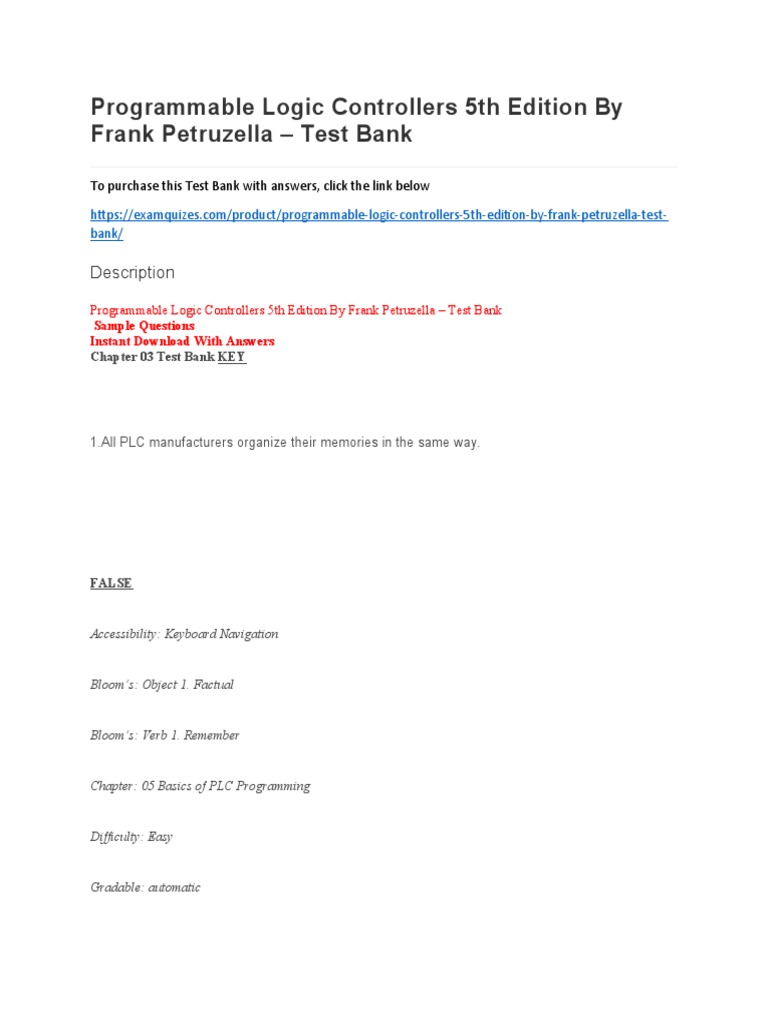 Programmable Logic Controllers 5th Edition by Frank Petruzella - Test ...