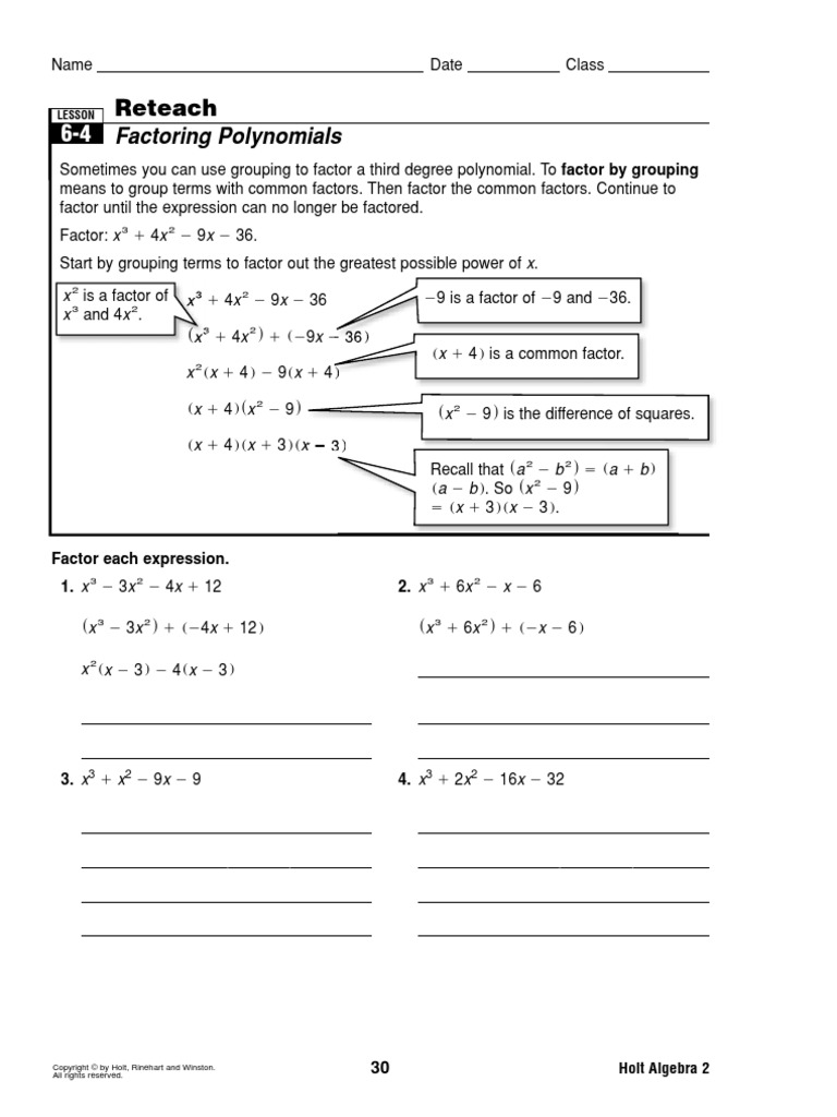Reteach: Factoring Polynomials | PDF | Factorization | Abstract Algebra