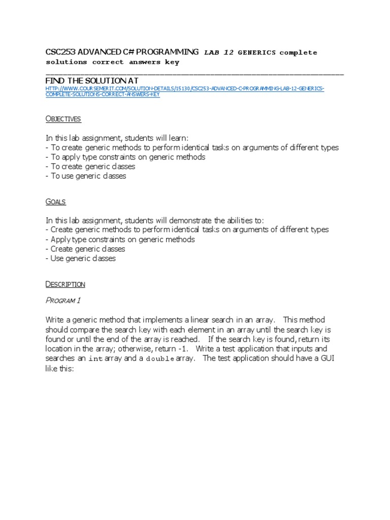 Csc253 Advanced C Programming Lab 12 Generics Complete Solutions Correct Answers Key Find The