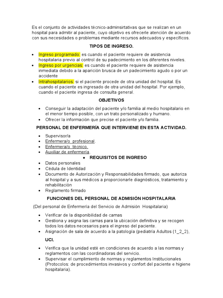 Admision de Pacientes | PDF | Hospital | Enfermería