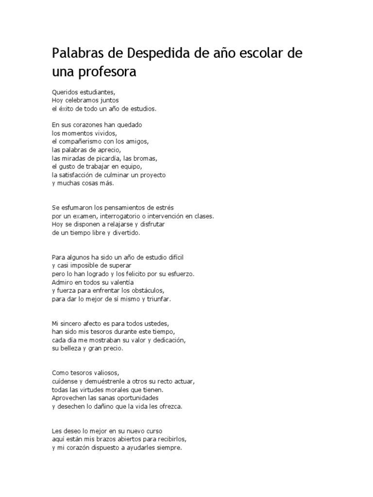 Palabras de Despedida de Ano Escolar de Una Profesora | PDF | Educación ...