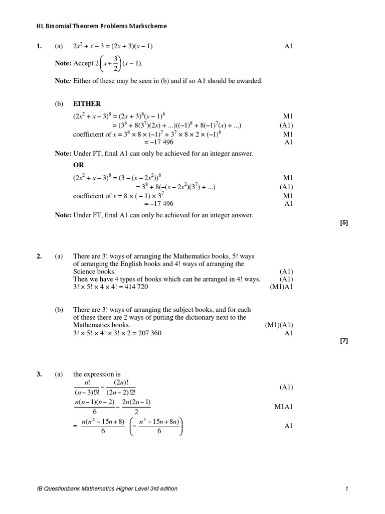 HL Binomial Theorem Problems Markscheme | PDF | Discrete Mathematics | Mathematical Concepts
