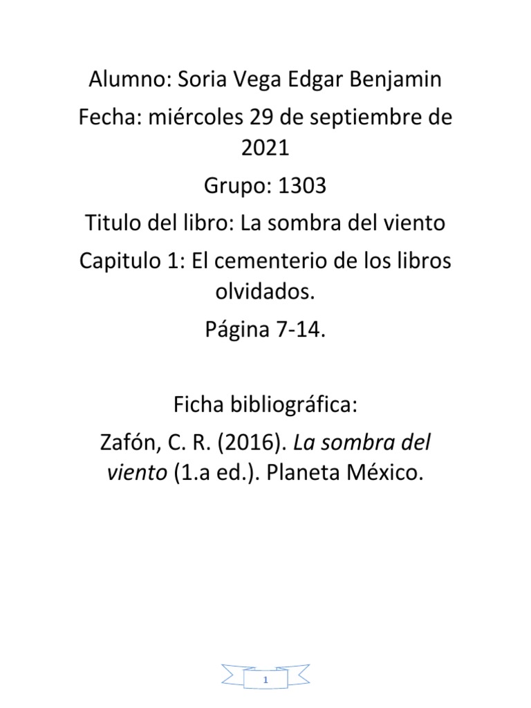 Resumen Del Libro La Sombra Del Viento | PDF