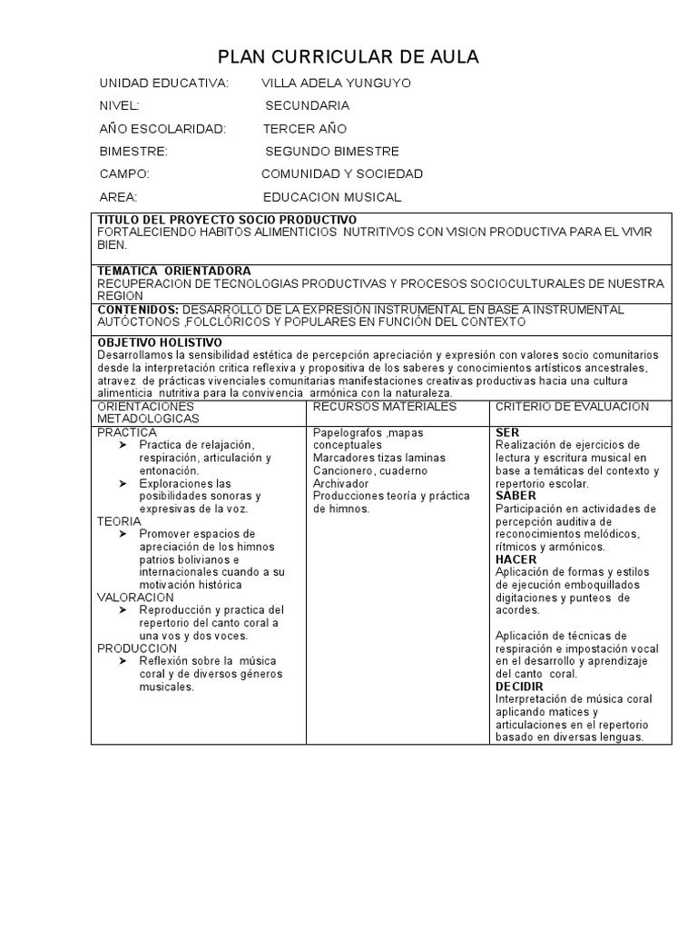 Plan Curricular de Aula | PDF | Coro | Melodía