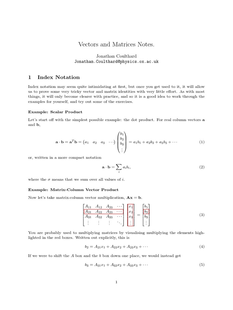 Vectors And Matrices Notes 1 Index Notation Pdf Summation Matrix Mathematics
