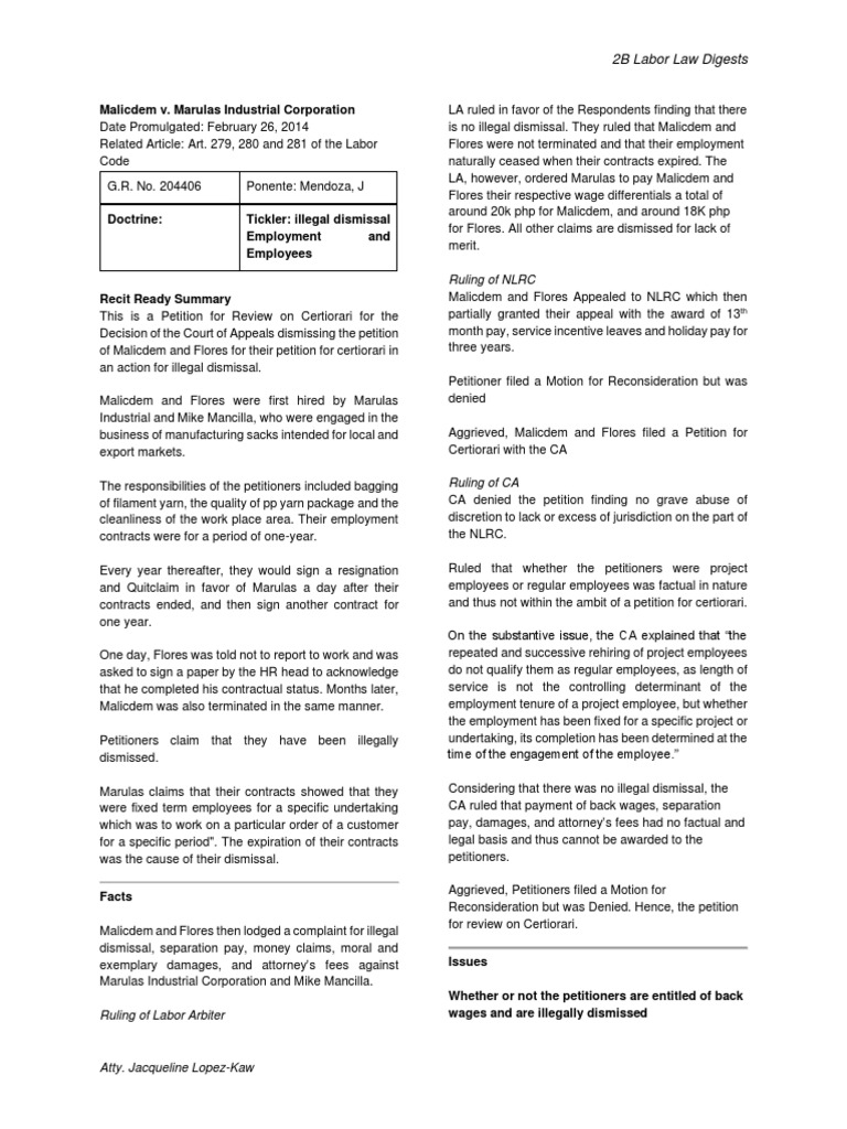Malicdem v. Marulas Industrial Corporation | PDF | Employment | Certiorari