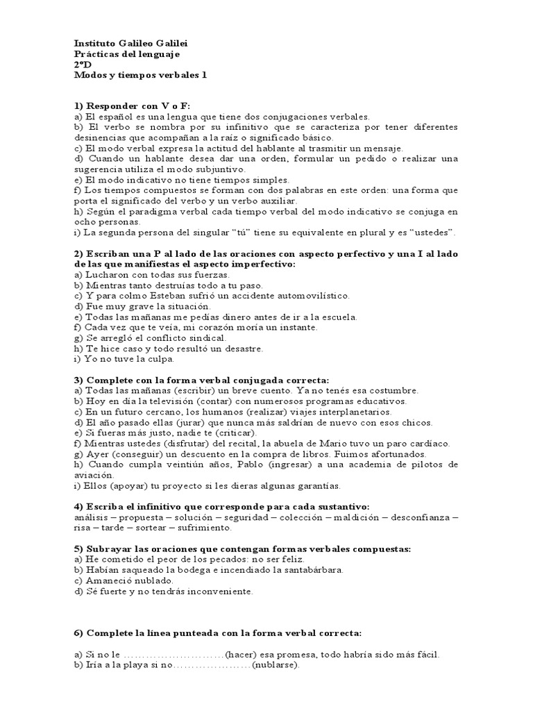 Ejercicios de Modos y Tiempos Verbales | PDF | Verbo | Lingüística