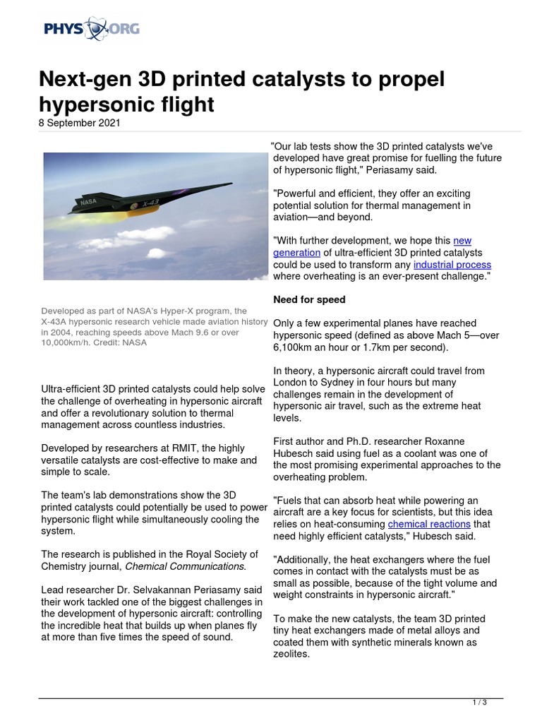 Next-Gen 3D Printed Catalysts To Propel Hypersonic Flight: New Generation Industrial Process ...
