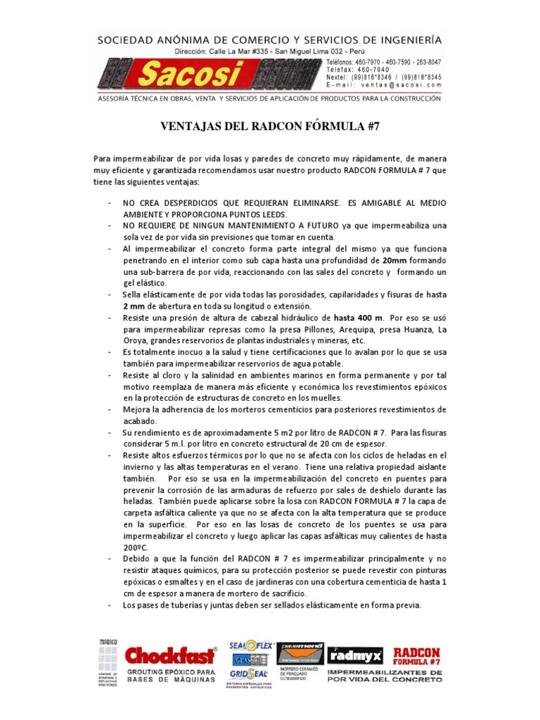 Ventajas Del RADCON Fórmula #7 | PDF | Hormigón | Materiales