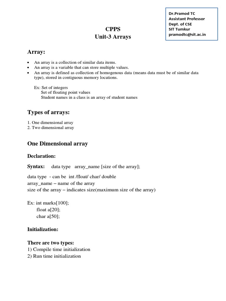 Cpps Unit-3 Arrays Array:: Declaration: Syntax: Data Type Array - Name (Size of The Array) | PDF ...