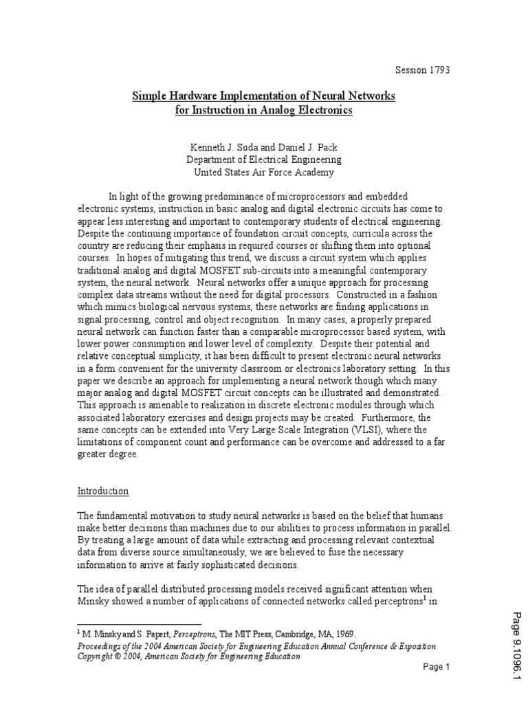 Simple Hardware Implementation Of Neural Networks For Instruction In Analog Electronics Pdf