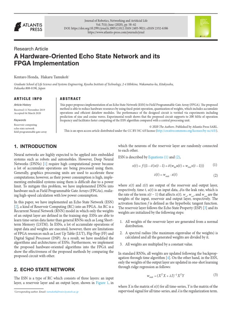 A Hardware-Oriented Echo State Network and Its FPGA Implementation ...